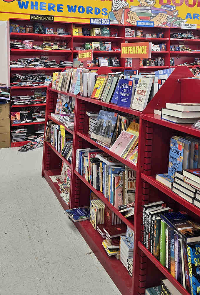 Reference books and bestsellers living together in perfect harmony, all priced to actually sell instead of collect dust.