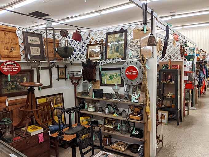 Inside, vintage Coca-Cola clocks and weathered tools create a visual symphony that would make any collector's heart skip several beats.