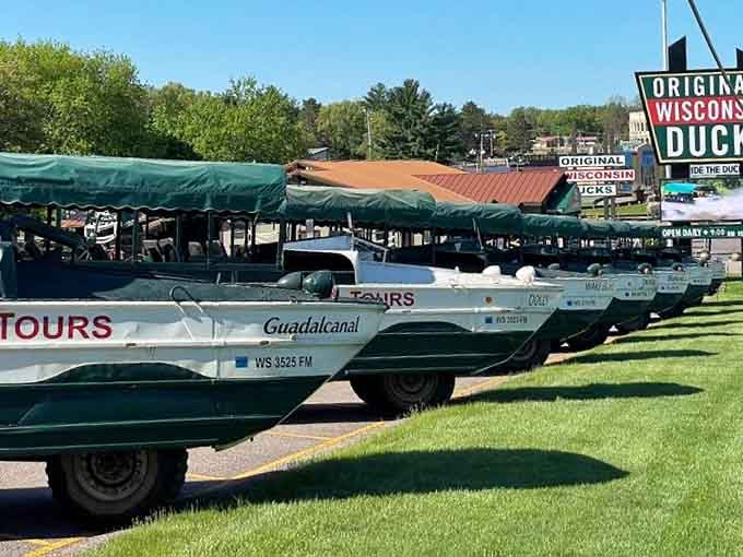 A fleet of Ducks waiting for adventure, each one ready to prove that amphibious vehicles aren't science fiction.