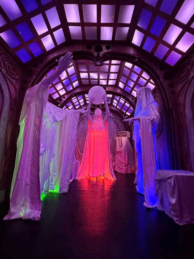 Ghostly figures line this corridor like they're waiting for a very ethereal bus.