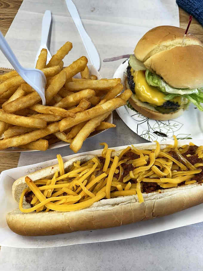 A chili cheese dog and burger combo means you're either very hungry or making excellent life choices.