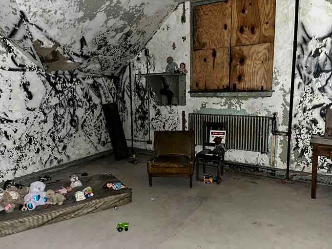 The contrast between innocent toys and deteriorating walls creates a haunting juxtaposition that's genuinely chilling.