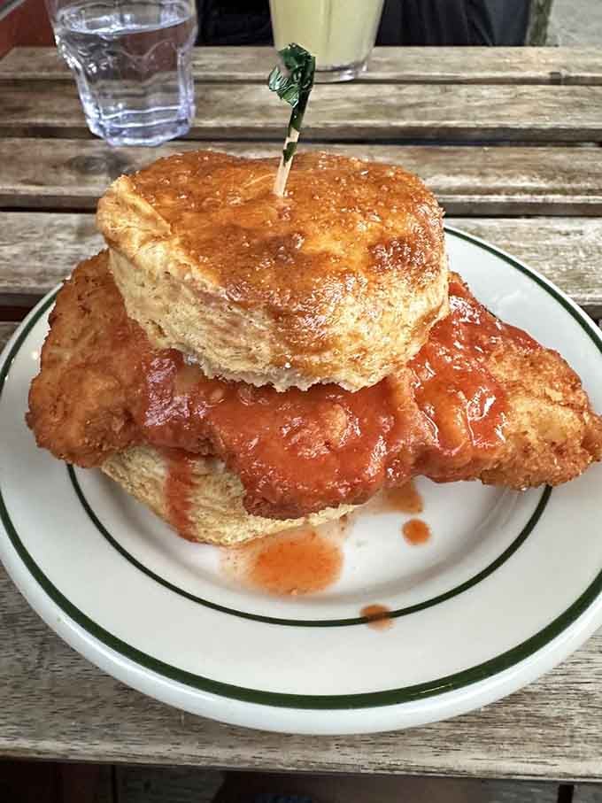 That buttery biscuit crowning crispy fried chicken creates a tower of Southern comfort your cardiologist doesn't need to know about.