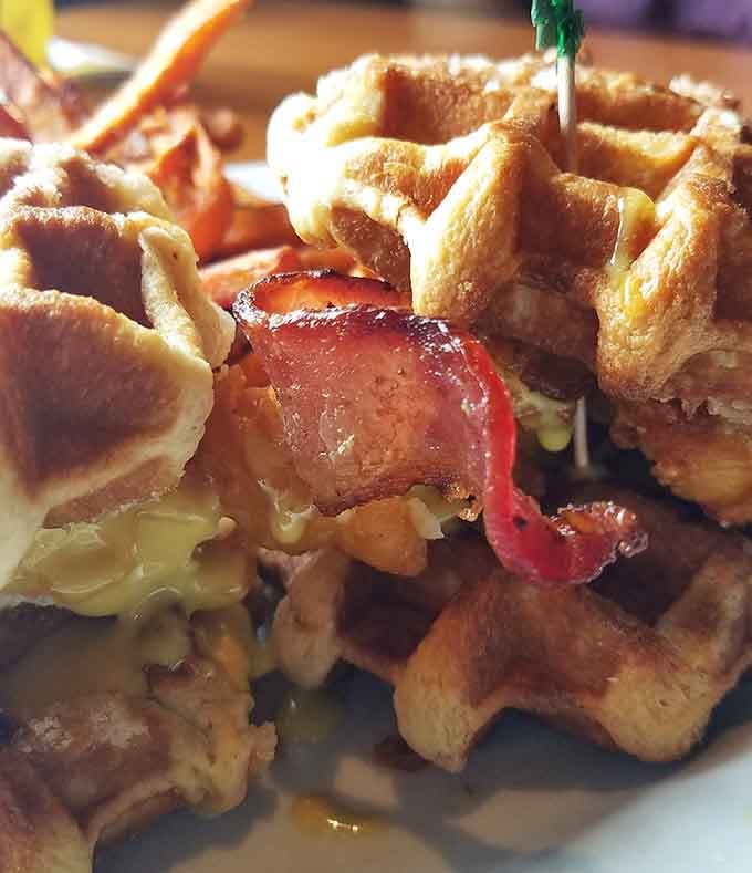Chicken fingers meet waffles in a mashup that somehow makes perfect sense once you take that first bite.