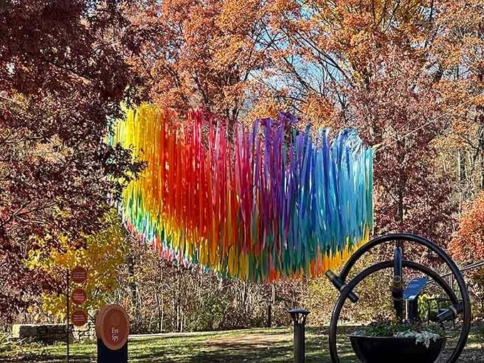 A rainbow sculpture bursts through autumn trees, reminding us that art and nature make spectacular collaborators when combined.