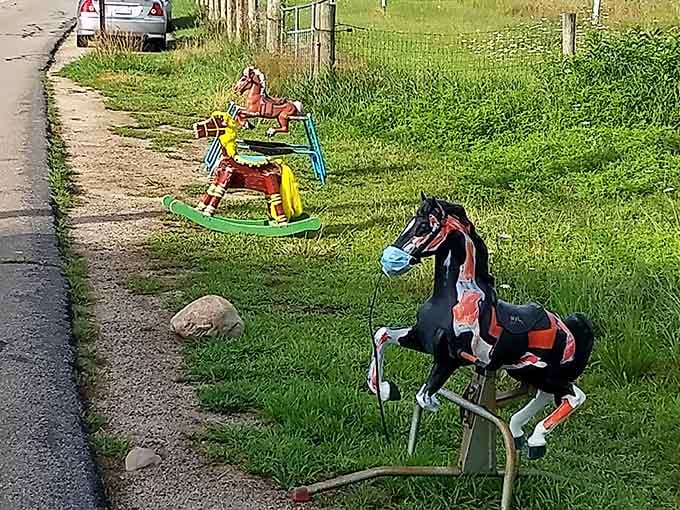 Roadside rockers line up like they're waiting for the world's slowest parade to finally begin.
