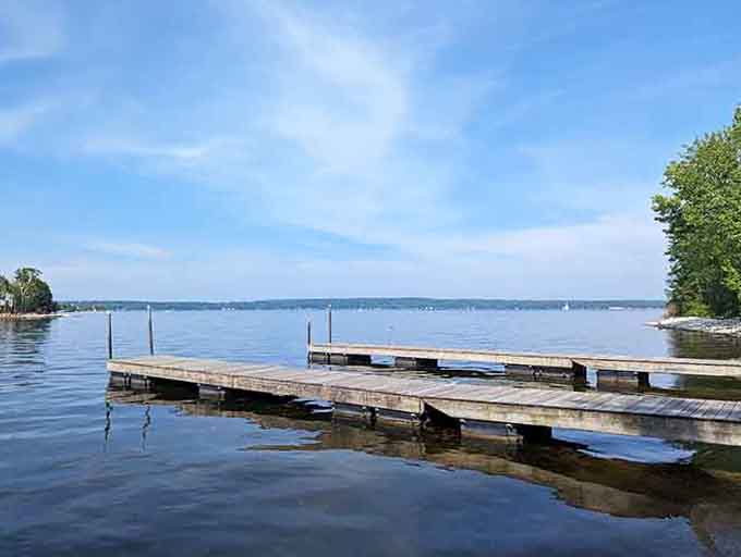 Peaceful docks waiting for summer visitors, looking like the opening scene of a lakeside mystery novel.