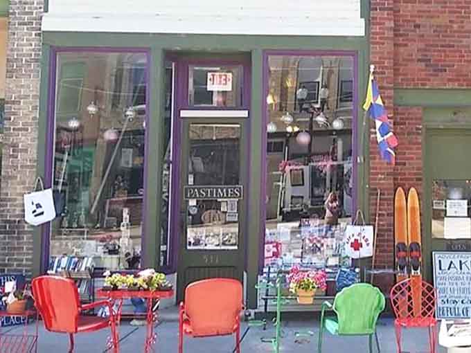 Pastimes Books & Antiques offers colorful lawn chairs outside because even antique hunters need a breather between purchases.