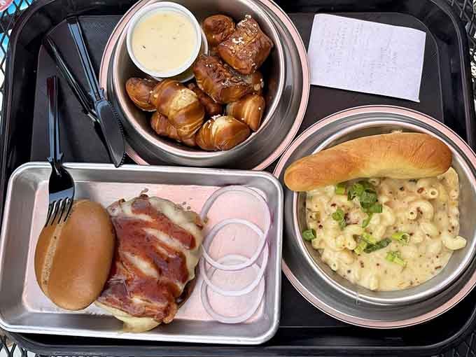 Pretzel bites, creamy mac and cheese, and a juicy burger create the holy trinity of comfort food.