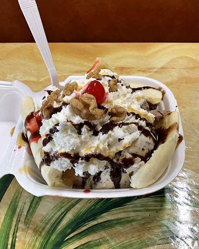This banana split towers like a delicious monument to the philosophy that more is definitely always better.