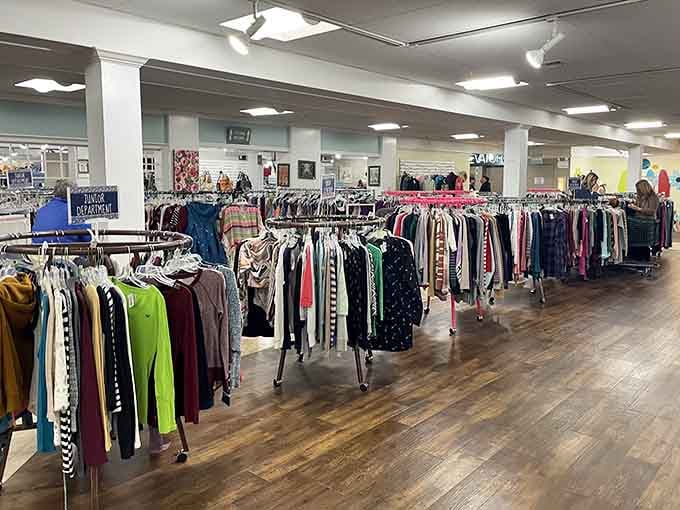 Women's clothing racks bursting with color and possibility, because reinventing your wardrobe shouldn't break the bank.
