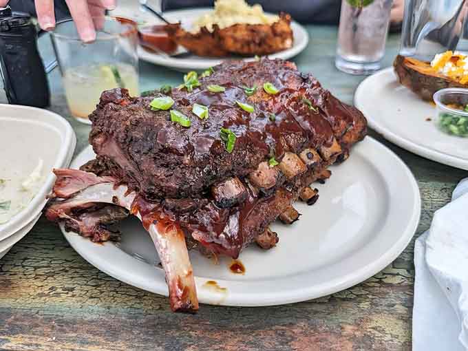 These ribs have that perfect mahogany sheen that tells you they've been loved low and slow for hours.