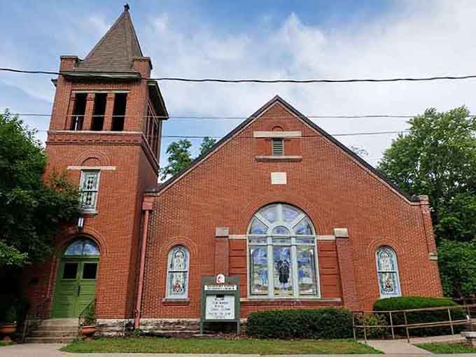 This brick church stands as a testament to craftsmanship from an era when buildings were built to last.