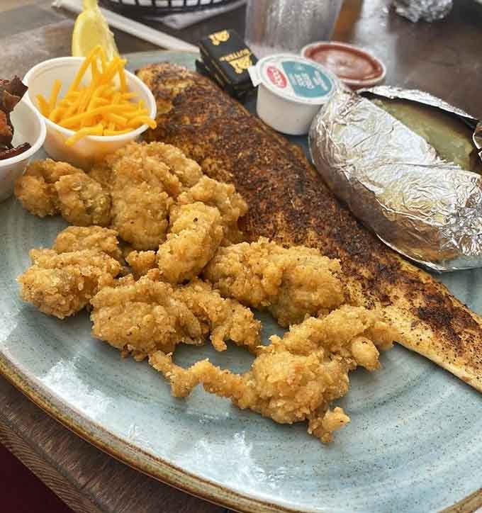 Crispy fried oysters and blackened fish sharing one plate is like having the best of both worlds without compromise.