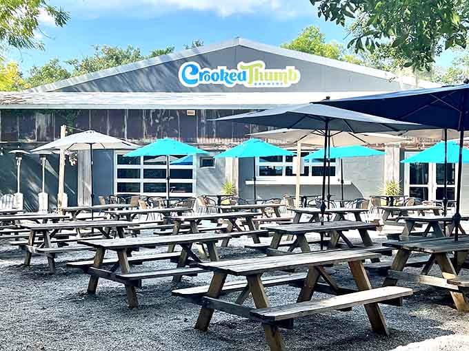 Crooked Thumb Brewery's outdoor seating area looks ready to host your next "let's day drink responsibly" gathering with friends.