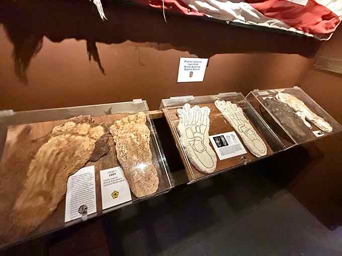 Alleged Bigfoot footprint casts displayed like precious artifacts, each one telling a story of mysterious forest encounters.