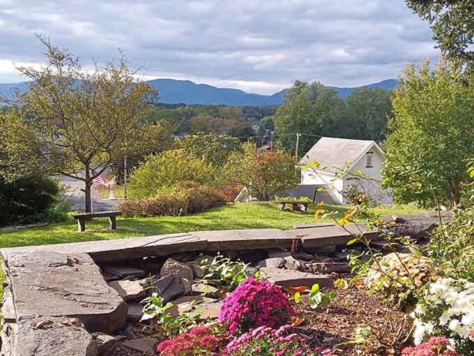 Mountain vistas frame gardens where someone clearly understood the assignment when designing peaceful public spaces.