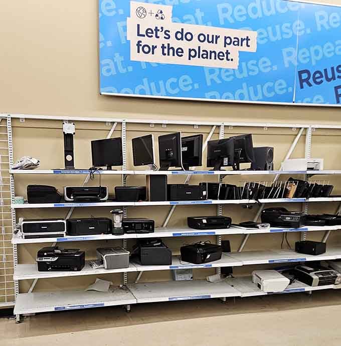 Printers and monitors galore, proving that one person's tech upgrade is another person's perfect find.