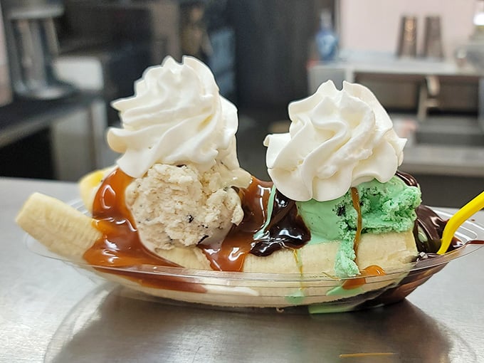 This banana split doesn't mess around, towering with whipped cream and multiple scoops like edible architecture at its finest.
