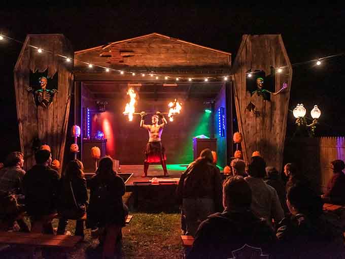 Fire performers add spectacle between the scares, giving your racing heart a brief moment to recover before round two.