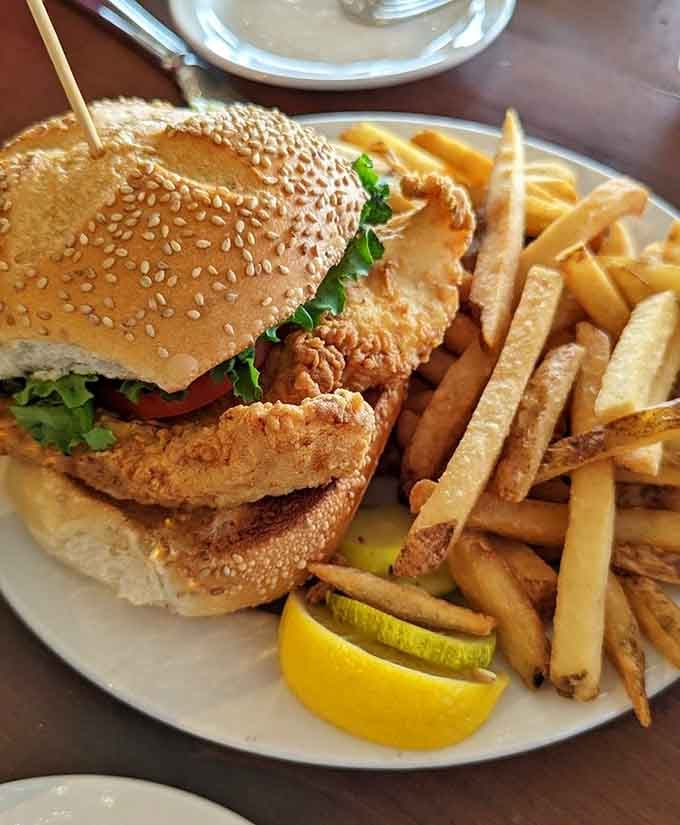 This haddock sandwich on a sesame bun proves why Gloucester takes its fish seriously, one delicious bite at a time.