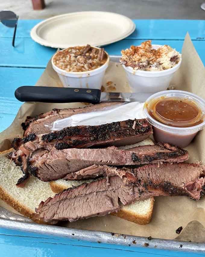 A barbecue plate that looks like someone illustrated the definition of "Southern comfort food" in edible form perfectly.