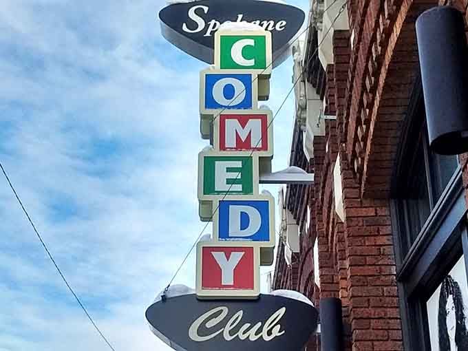 The Spokane Comedy Club's vintage sign promises laughter in a city that doesn't take itself too seriously.