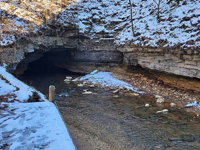 Even winter can't diminish the magic of these cave entrances dusted with snow and mystery.