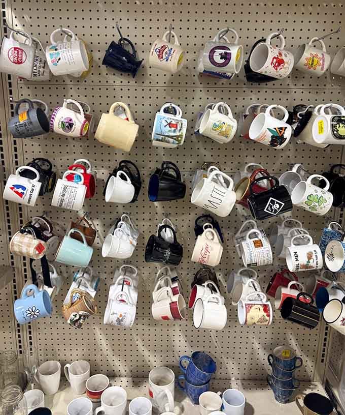 A pegboard wall of coffee mugs that would make any collector's heart skip &ndash; souvenirs from places you've never been await.