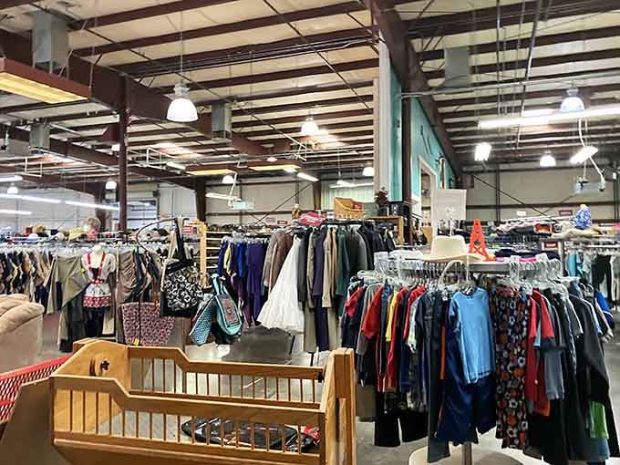 Clothing racks stretch into the distance, proving that fashion doesn't require draining your retirement fund completely.