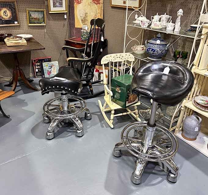 These vintage stools have supported more conversations than we'll ever know, ready for new stories now.