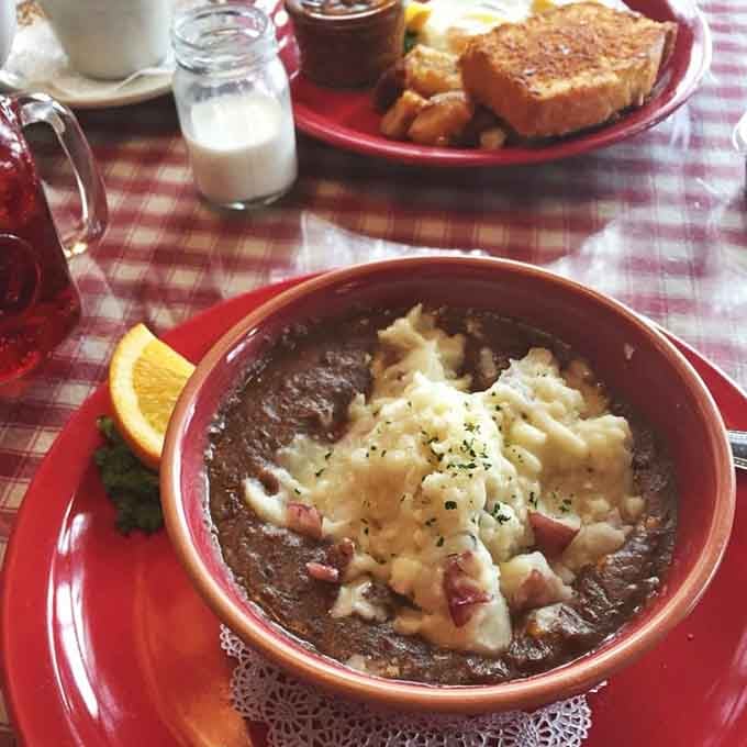 Shepherd's pie served in a crock with mashed potatoes on top&mdash;comfort food doesn't get more comforting than this beauty.