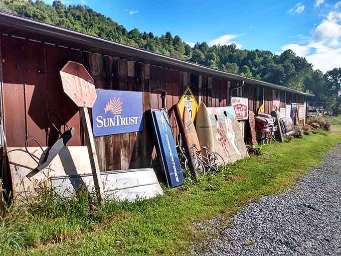 The outdoor display stretches along the building like a timeline of American commerce and craftsmanship.