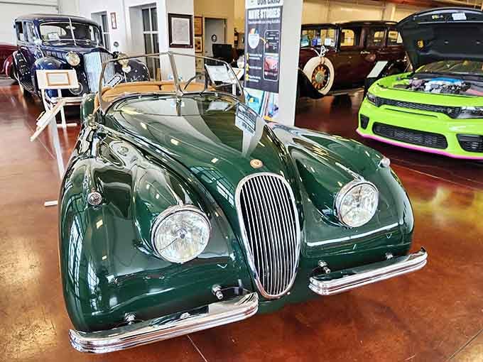 This sleek green roadster's curves could make a sports car blush, proving elegance never goes out of style.