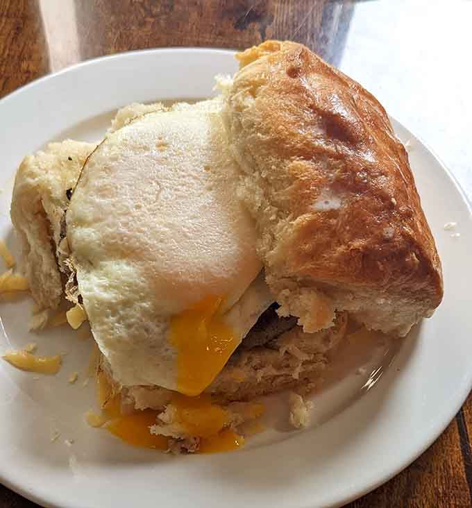 A biscuit sandwich with a runny yolk is nature's way of saying breakfast should always be this photogenic.