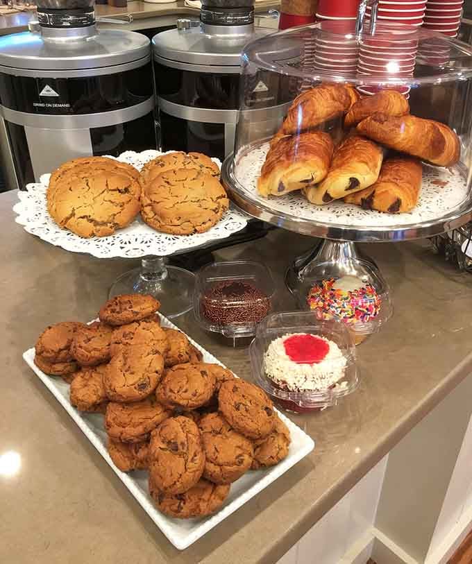 The pastry case where cookies, croissants, and dreams come together in one glorious display of carbohydrate excellence.