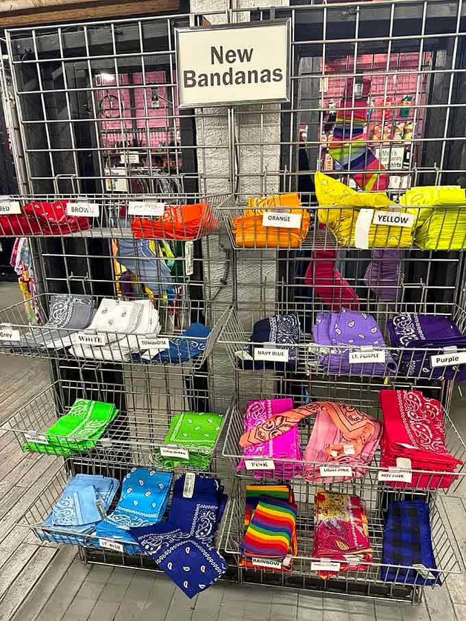 Bandanas organized by color like a craft store met a biker rally and they became best friends.