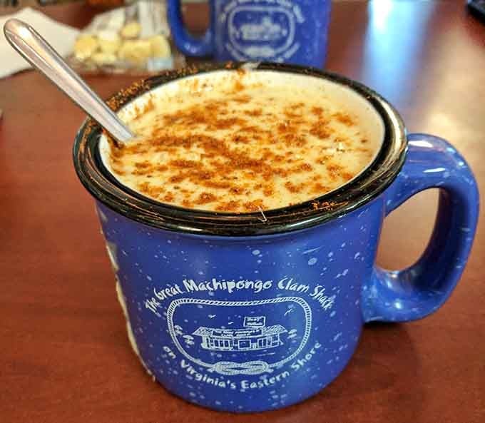 She-crab soup in a speckled mug, creamy and rich enough to inspire poetry or at least happy sighs.