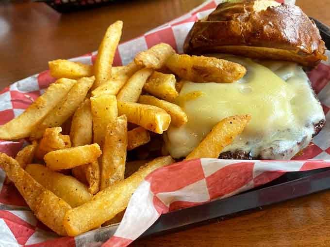 The Pilot's Burger comes loaded with mushrooms and Swiss cheese that melts like a dream at cruising altitude.