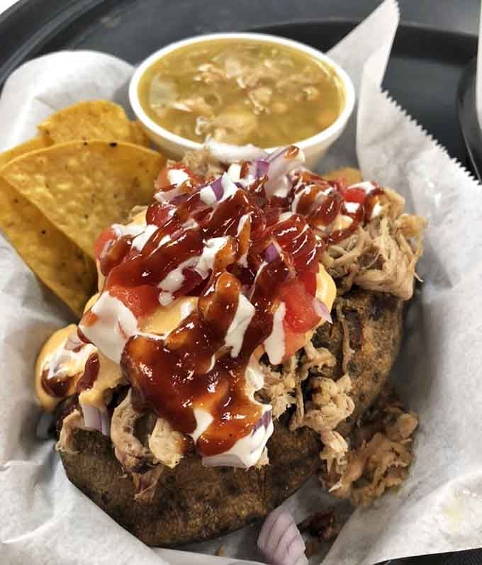 A loaded spud that takes the humble potato and transforms it into a barbecue-topped work of edible art.