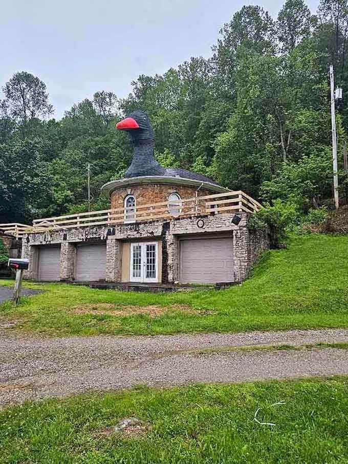 Those garage doors suggest normalcy, but that goose overhead tells a completely different architectural story.
