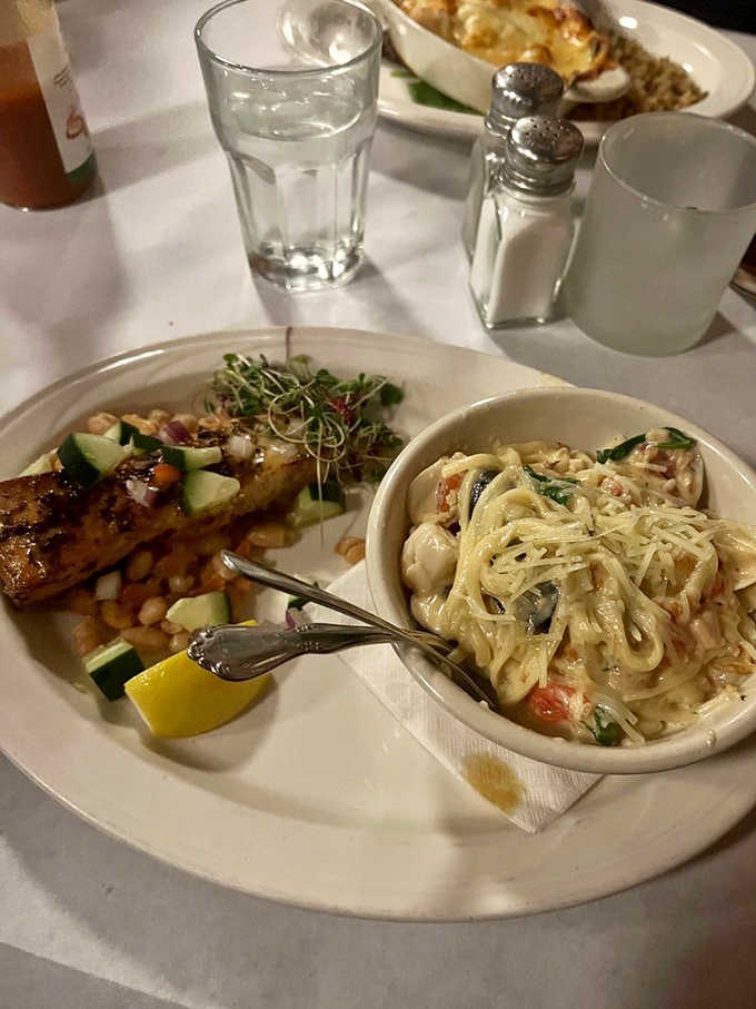 Swordfish souvlaki paired with creamy pasta proves The Oyster Bar knows its way around the entire seafood spectrum.