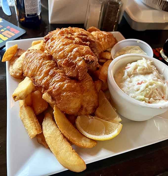 Golden, crispy fish and chips that would make any seaside chippy in Ireland jealous of this landlocked beauty.
