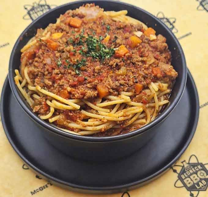 When competition pitmasters make spaghetti sauce with smoked brisket, you get this beautiful bowl of meaty, smoky perfection.