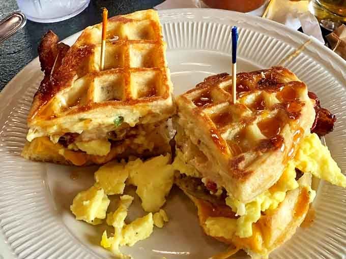 A waffle sandwich that's basically breakfast's answer to the mullet: business on top, party in the middle.