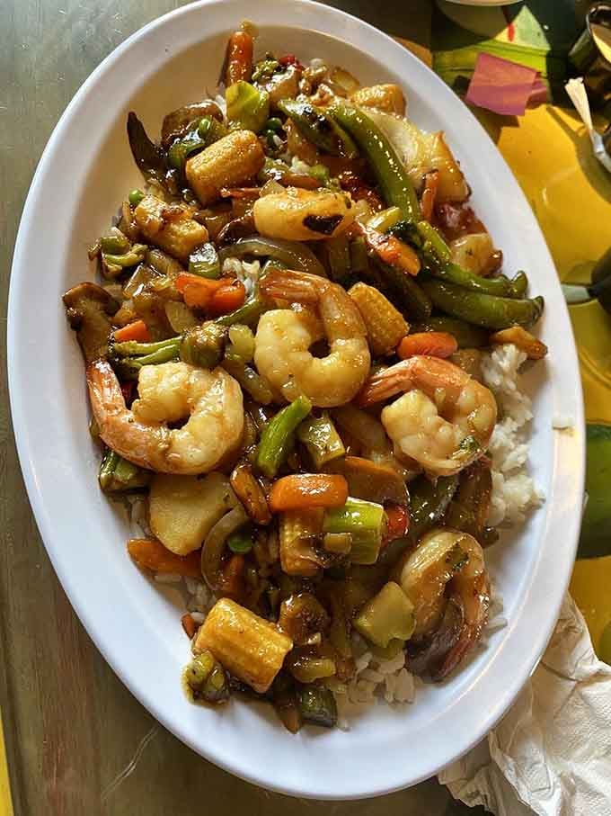 Shrimp stir fry over rice at a pancake house might seem unexpected, but variety is the spice of life.