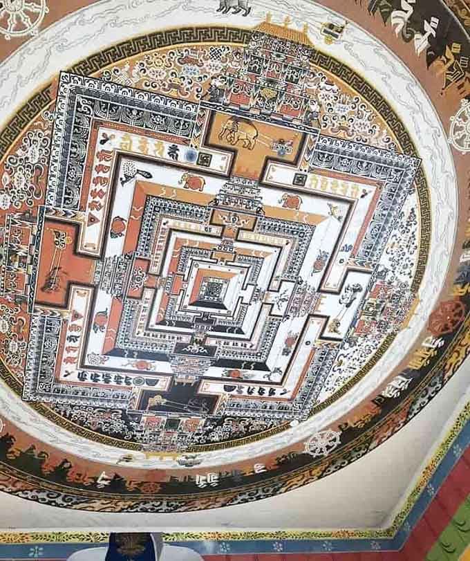 Intricate ceiling mandalas showcase the kind of detailed artistry that makes you appreciate true craftsmanship and patience beyond measure.