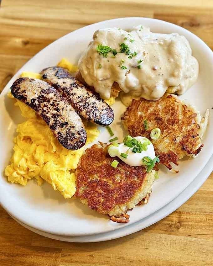 The Everything Naughty plate lives up to its name with biscuits, gravy, and zero regrets whatsoever.