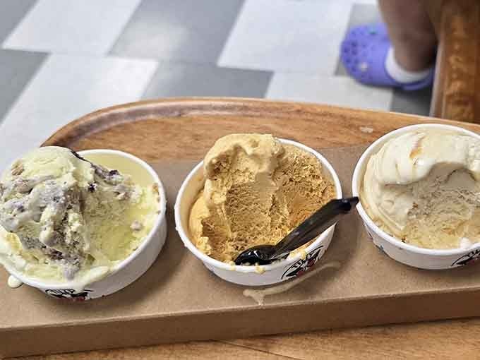 An ice cream flight lets indecisive visitors sample multiple flavors without committing to just one delicious option.