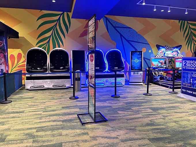 Virtual reality stations transport you to digital worlds where your real-world coordination issues magically don't follow you inside.